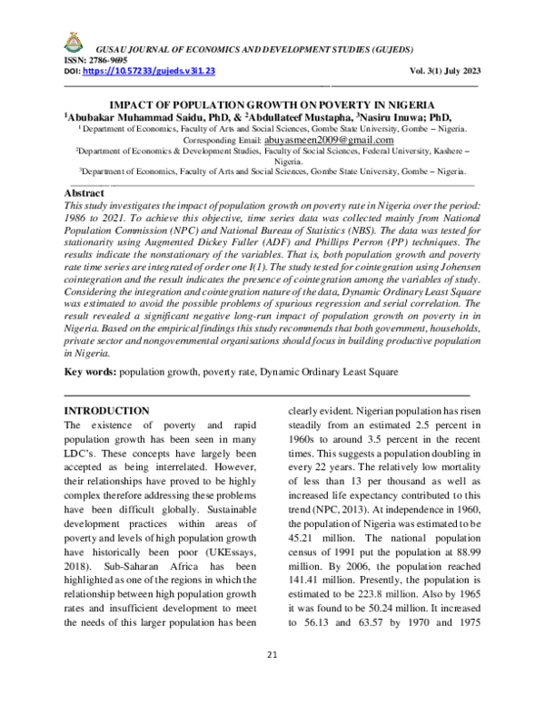 Pdf Impact Of Population Growth On Poverty In Nigeria 1787