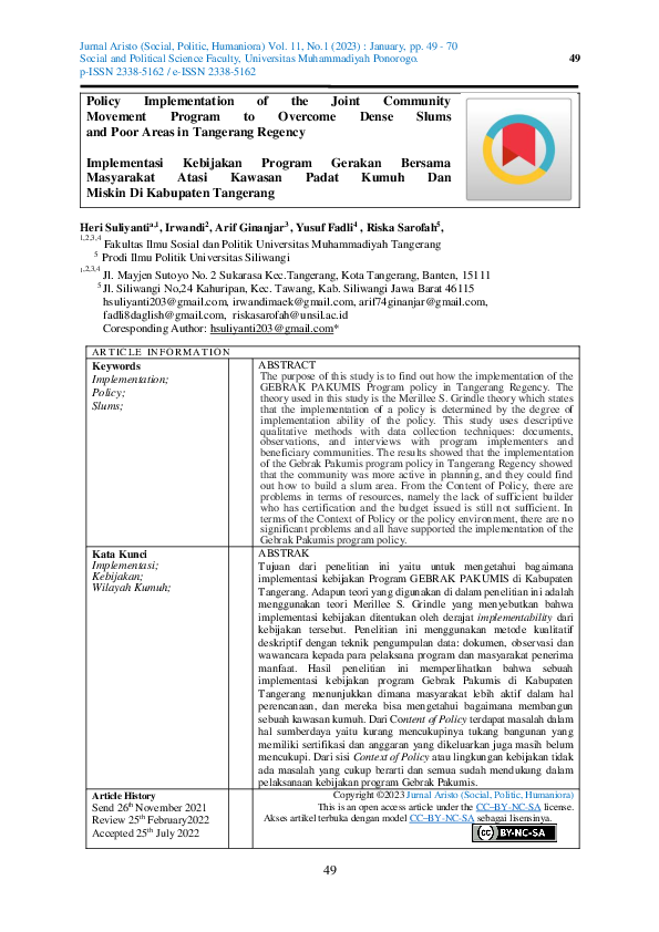 (PDF) Policy Implementation of the Joint Community Movement Program to Overcome Dense Slums and ...