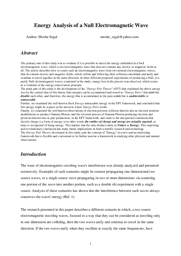 (PDF) Energy Analysis of a Null Electromagnetic Wave