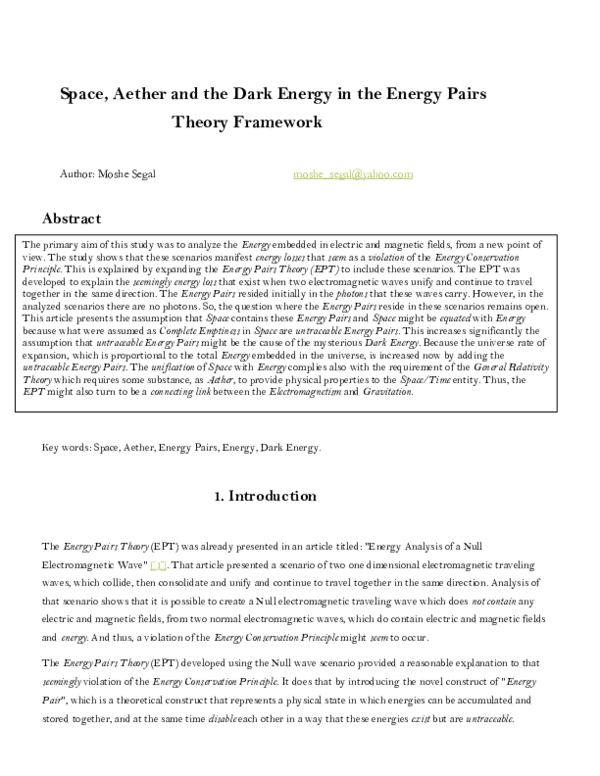 (PDF) Aether and the Dark Energy in the Energy Pairs Theory Framework