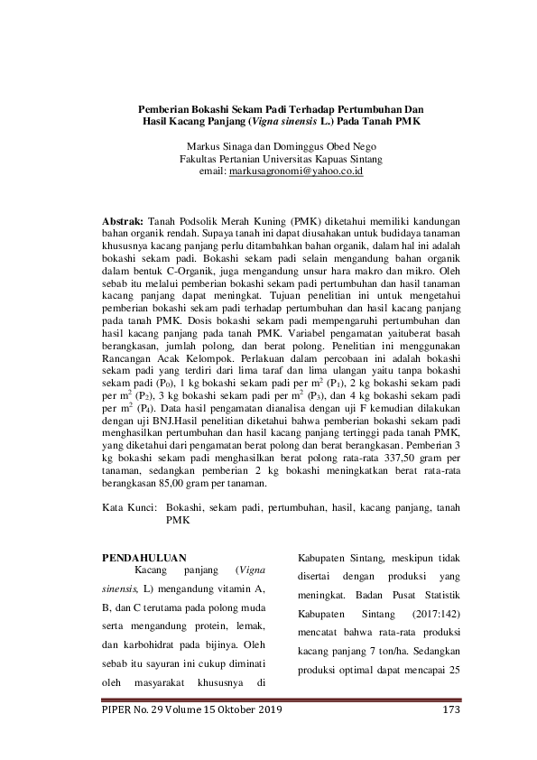 (PDF) Pemberian Bokashi Sekam Padi Terhadap Pertumbuhan Dan Hasil Kacang Panjang (Vigna sinensis ...