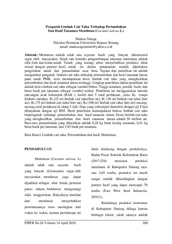 (PDF) Pengaruh Limbah Cair Tahu Terhadap Pertumbuhan Dan Hasil Tanaman Mentimun (Cucumis sativus L.)