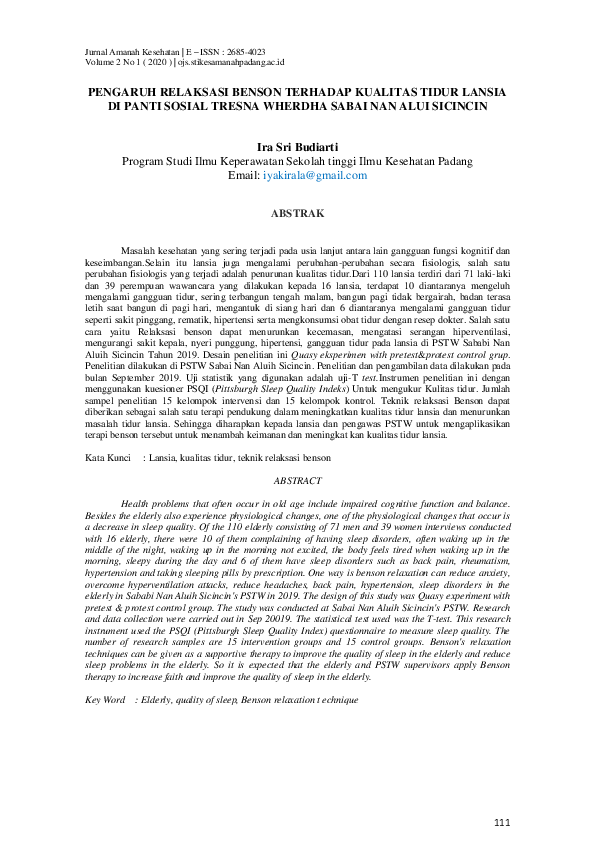 (PDF) Pengaruh Relaksasi Benson Terhadap Kualitas Tidur pada Lansia