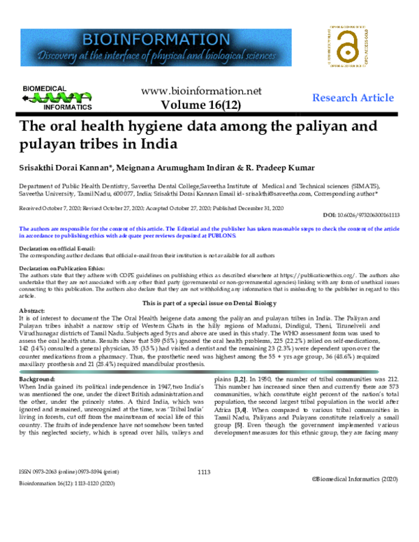 (PDF) The oral health hygiene data among the paliyan and pulayan tribes ...