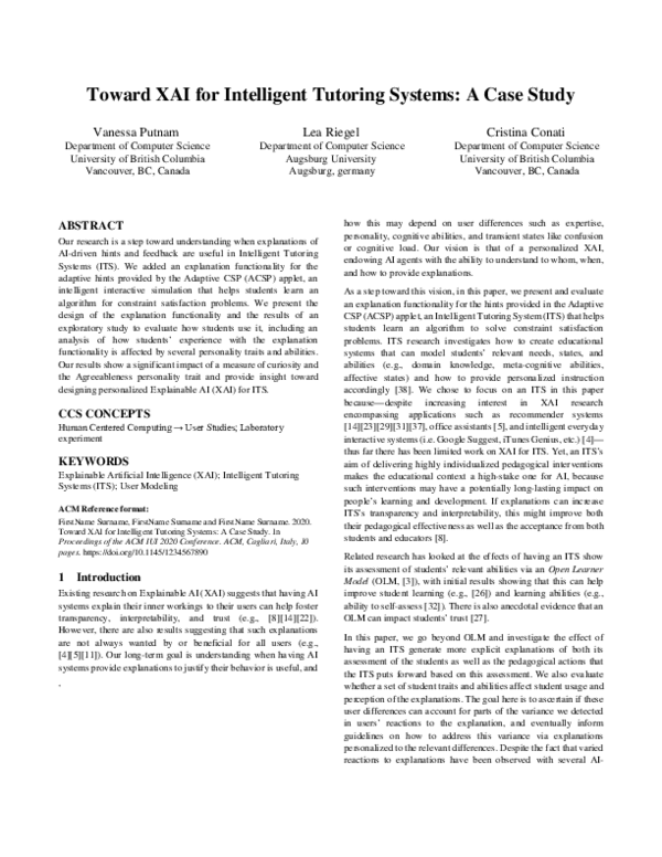 (PDF) Toward XAI for Intelligent Tutoring Systems: A Case Study | Vanessa Putnam - Academia.edu
