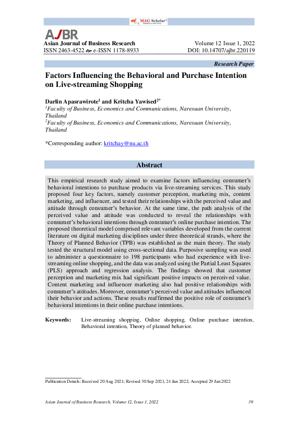 (PDF) Factors Influencing the Behavioral and Purchase Intention on Live-streaming Shopping