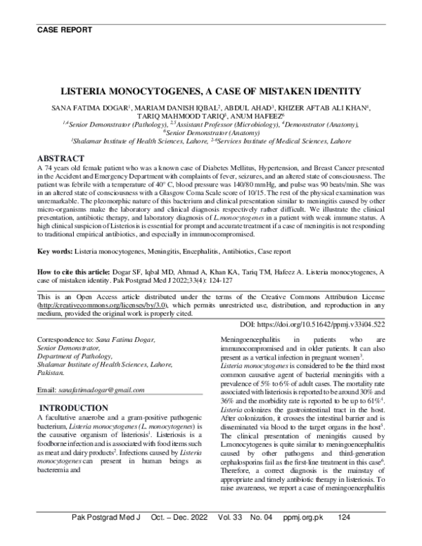 (PDF) Listeria Monocytogenes, a Case of Mistaken Identity