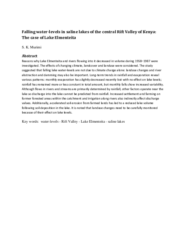 (PDF) Falling water-levels in saline lakes of the central Rift Valley ...
