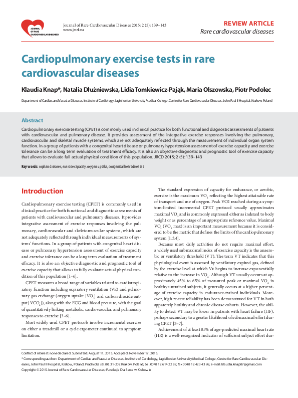 (PDF) Cardiopulmonary exercise tests in rare cardiovascular heart diseases