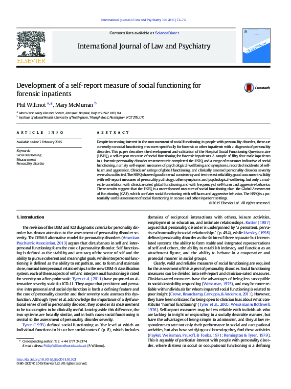 (PDF) Development of a self-report measure of social functioning for forensic inpatients