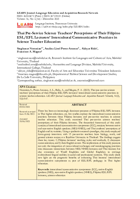 (PDF) Thai Pre-Service Science Teachers' Perceptions of Their Filipino ...