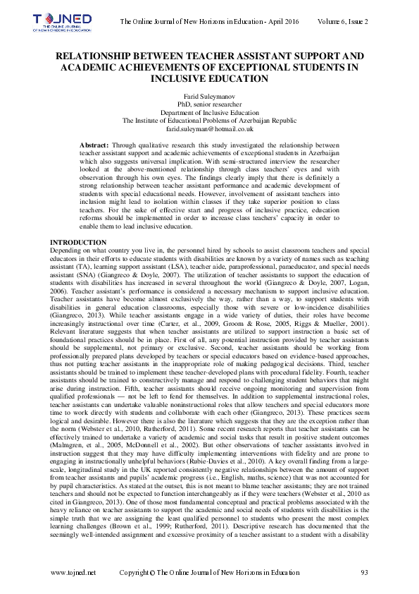 (PDF) Relationship Between Teacher Assistant Support and Academic ...
