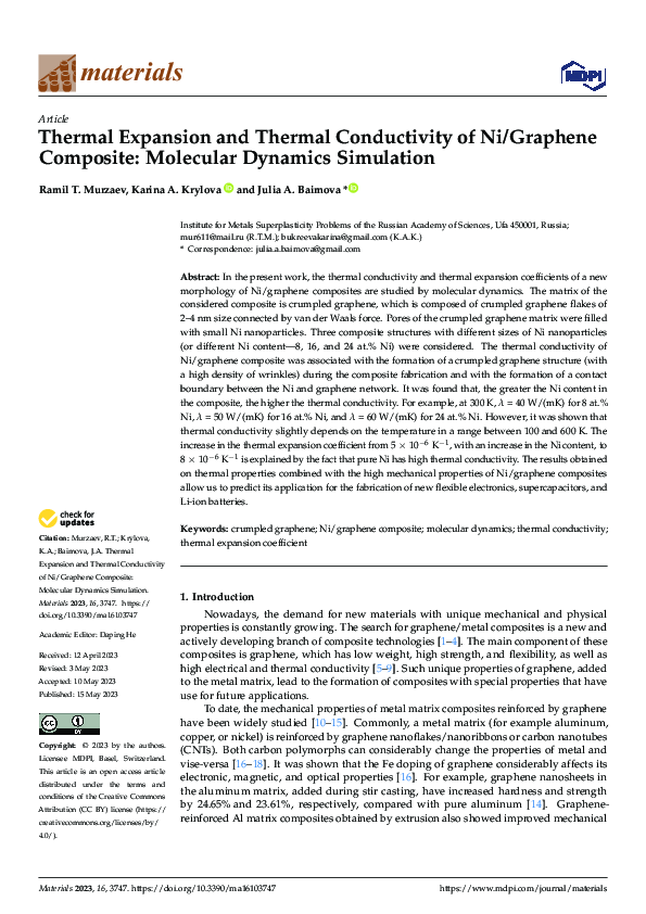 (PDF) Thermal Expansion and Thermal Conductivity of Ni/Graphene Composite: Molecular Dynamics ...