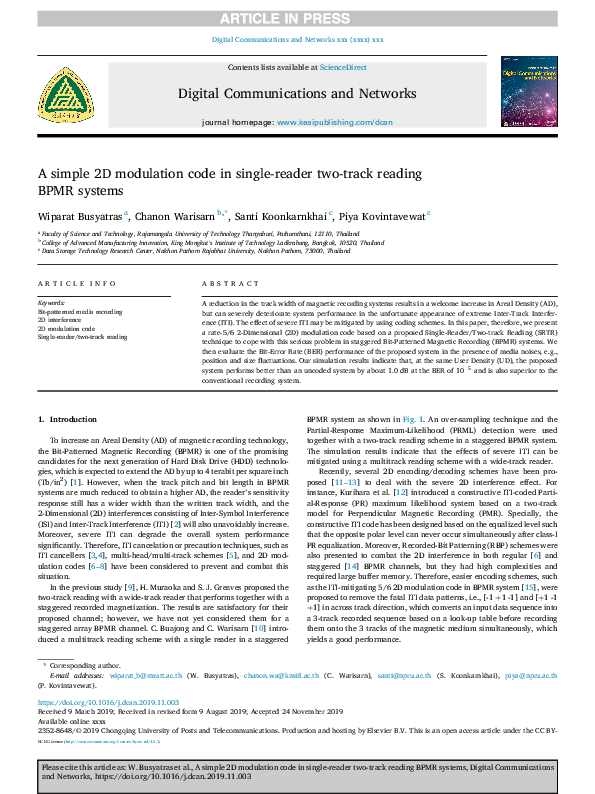 (PDF) A simple 2D modulation code in single-reader two-track reading BPMR systems