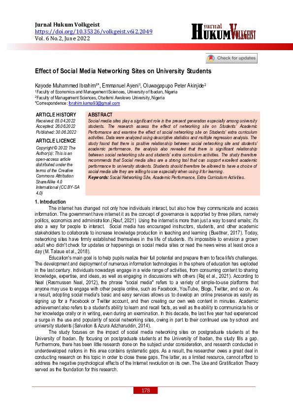 (PDF) Effect of Social Media Networking Sites on University Students