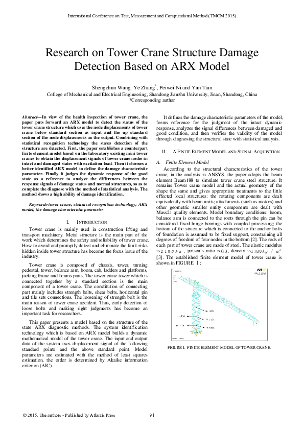 (PDF) Research on Tower Crane Structure Damage Detection Based on ARX Model