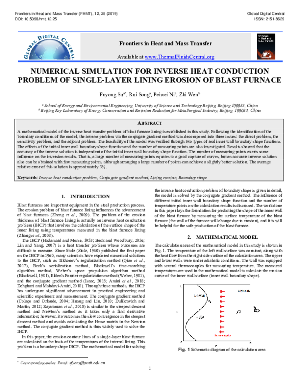 Pdf Numerical Simulation For Inverse Heat Conduction Problem Of Single Layer Lining Erosion Of 
