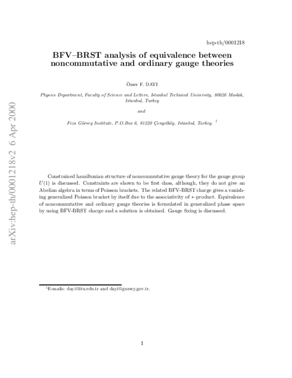(PDF) BFV–BRST analysis of equivalence between noncommutative and ordinary gauge theories