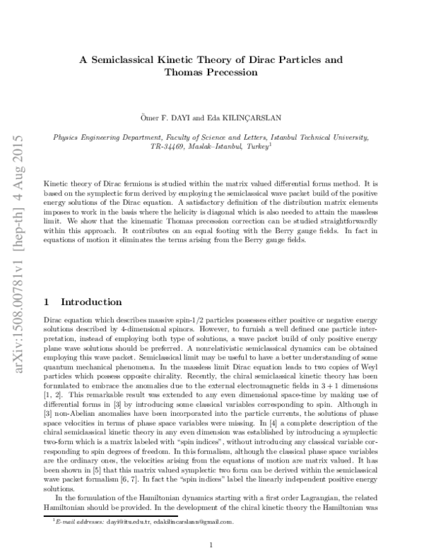 (PDF) A semiclassical kinetic theory of Dirac particles and Thomas ...