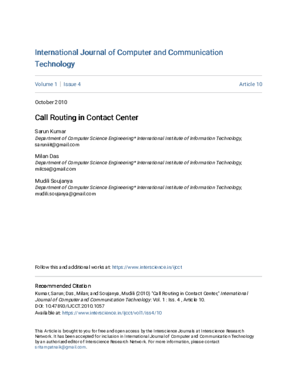 (PDF) Call Routing in Contact Center