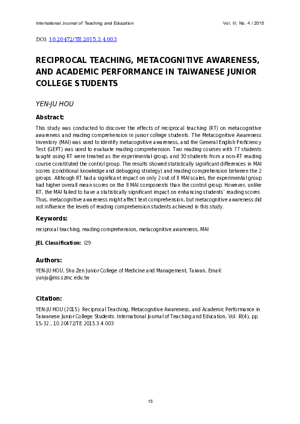 (PDF) Reciprocal Teaching, Metacognitive Awareness, and Academic Performance in Taiwanese Junior ...