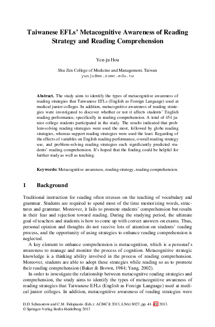Pdf Taiwanese Efls Metacognitive Awareness Of Reading Strategy And Reading Comprehension