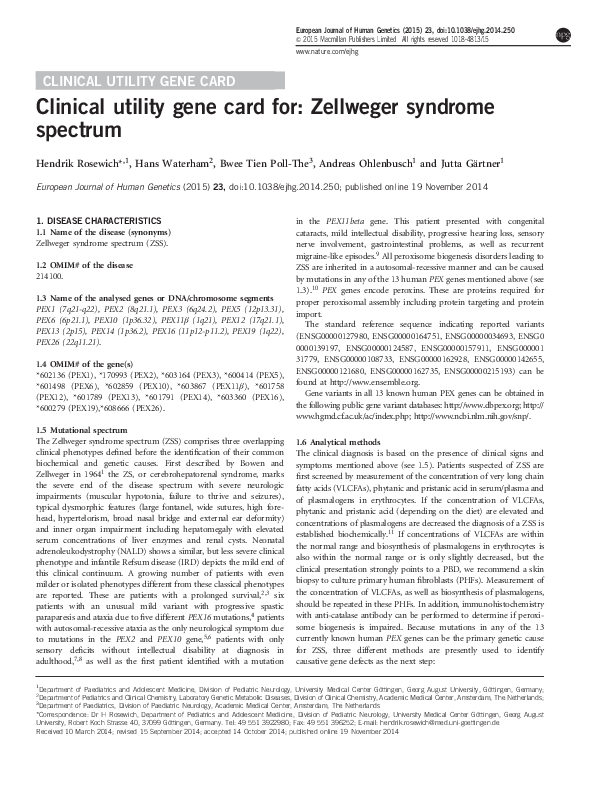 (PDF) Clinical utility gene card for: Zellweger syndrome spectrum