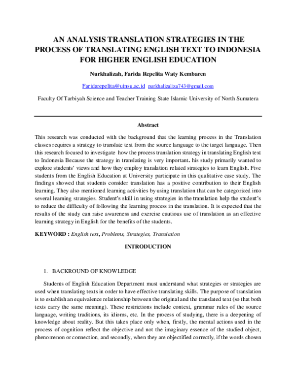 (PDF) AN ANALYSIS TRANSLATION STRATEGIES IN THE PROCESS OF TRANSLATING ...