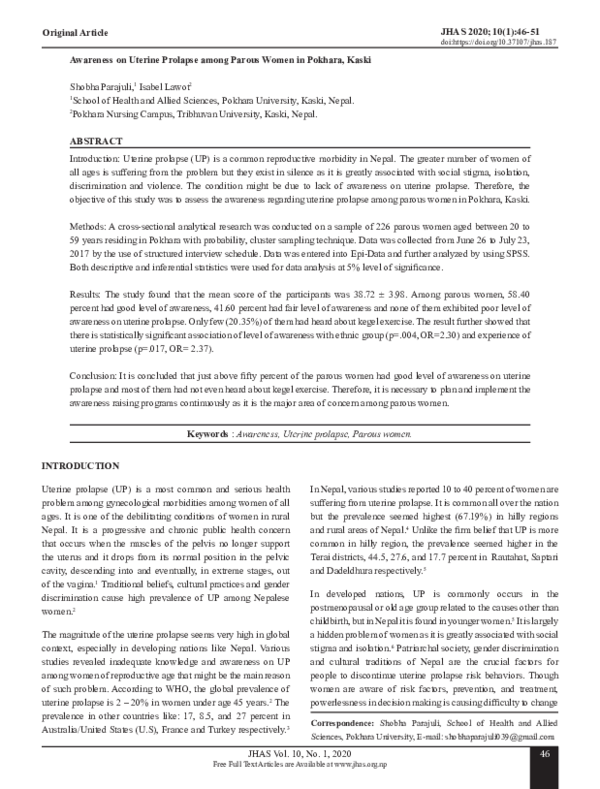 (PDF) Awareness on Uterine Prolapse among Parous Women in Pokhara, Kaski