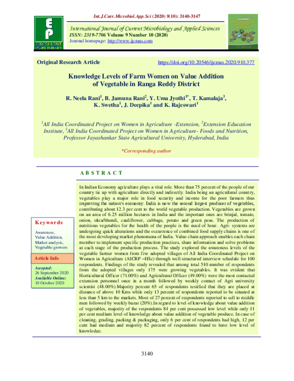 (PDF) Knowledge Levels of Farm Women on Value Addition of Vegetable in ...