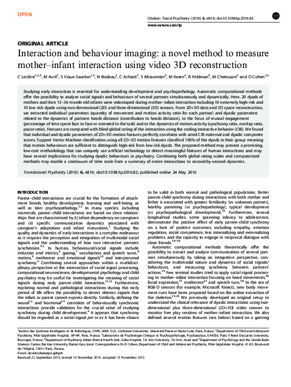 (PDF) Interaction and behaviour imaging: a novel method to measure mother–infant interaction ...