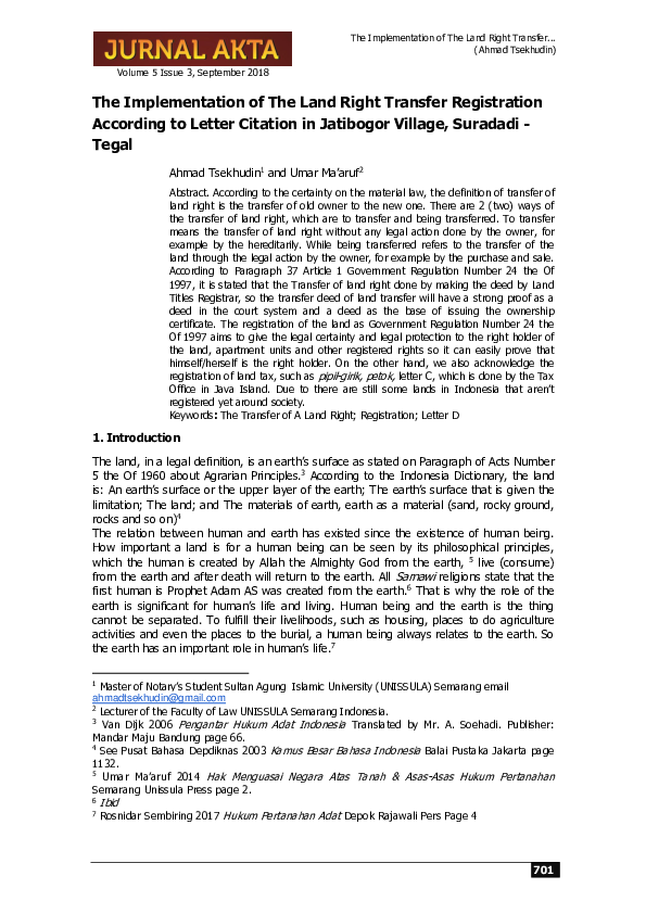 (PDF) The Implementation of The Land Right Transfer Registration ...
