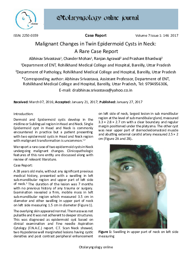 (PDF) Malignant Changes in Twin Epidermoid Cysts in Neck: A Rare Case ...