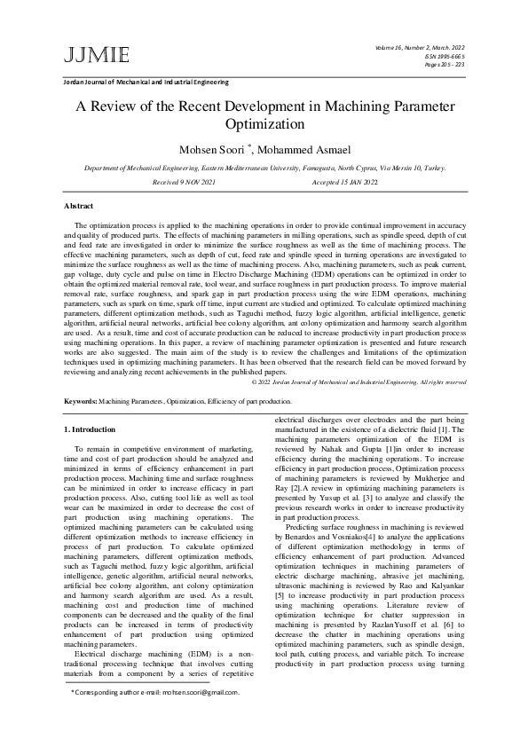 (PDF) A Review of the Recent Development in Machining Parameter Optimization