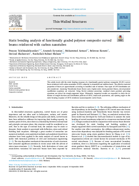 Pdf Static Bending Analysis Of Functionally Graded Polymer Composite Curved Beams Reinforced