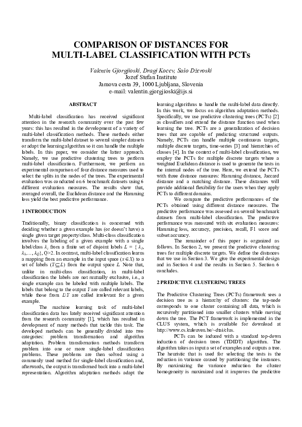 (PDF) COMPARISON OF DISTANCES FOR MULTI-LABEL CLASSIFICATION WITH PCTs