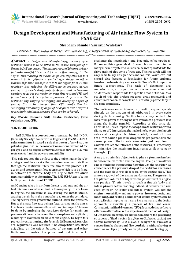 (PDF) Design Development and Manufacturing of Air Intake Flow System In ...