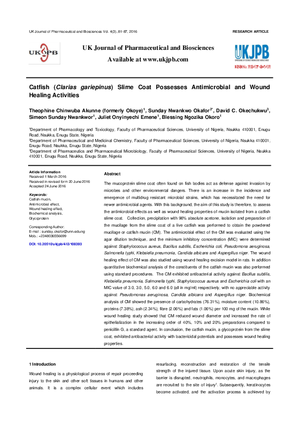(PDF) Catfish (Clarias gariepinus) Slime Coat Possesses Antimicrobial ...
