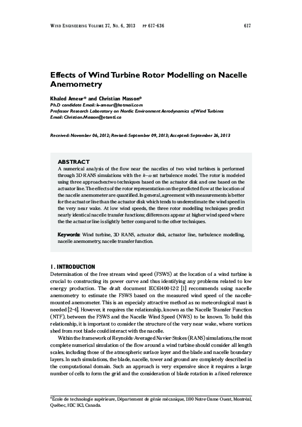 (PDF) Effects of Wind Turbine Rotor Modelling on Nacelle Anemometry