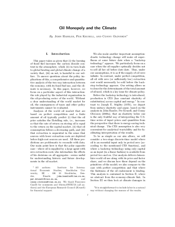 (PDF) Oil Monopoly and the Climate