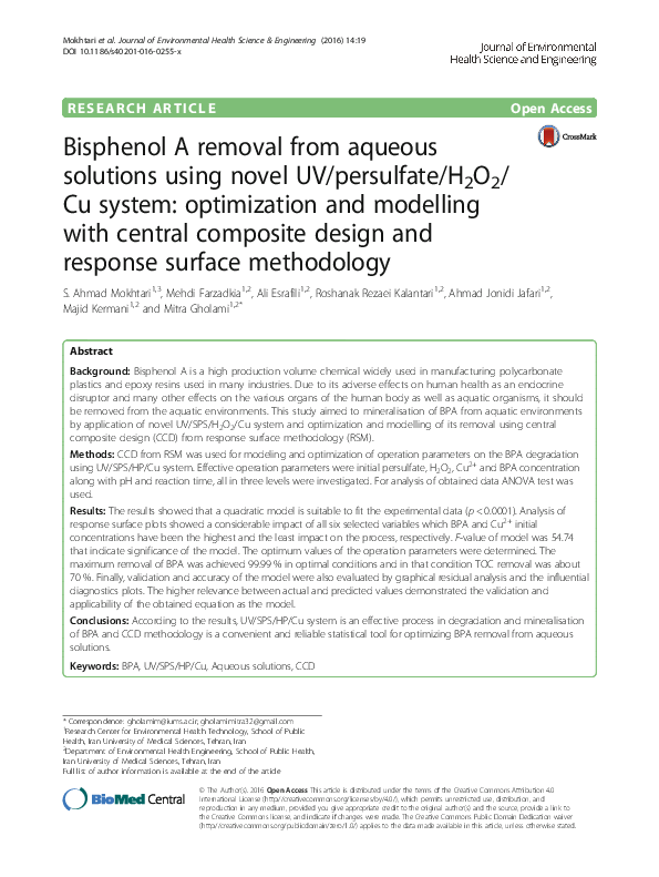 (PDF) Bisphenol A removal from aqueous solutions using novel UV ...