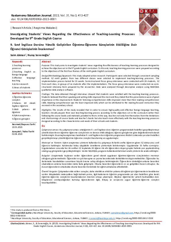 (PDF) Investigation Students’ Views Regarding Effectiveness of Teaching - Learning Procesess ...