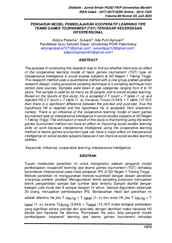 (PDF) The Effect of Teamms Games Tourn Pengaruh Model Pembelajaran Kooperatif Learning Tipe ...