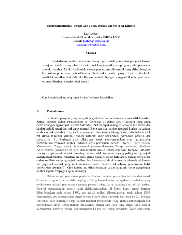 (PDF) Model Matematika Terapi Gen Untuk Perawatan Penyakit Kanker