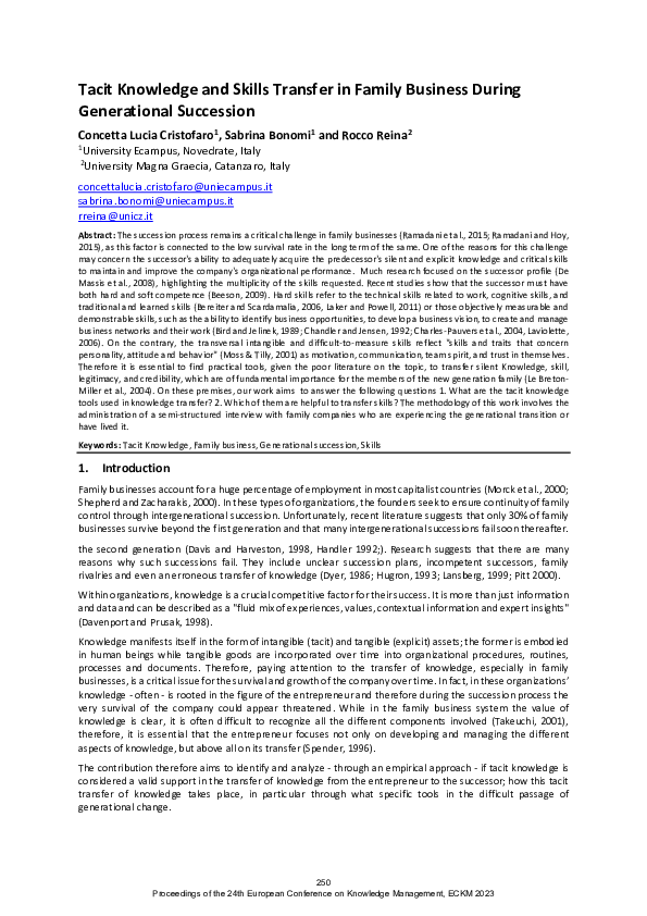 (PDF) Tacit Knowledge and Skills Transfer in a Family Business During ...
