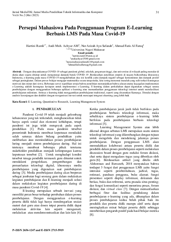 (PDF) Persepsi Mahasiswa Pada Penggunaan Program E-Learning Berbasis LMS Pada Masa Covid-19