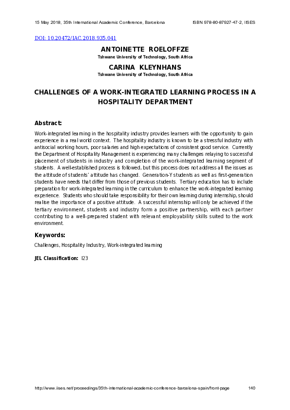 (PDF) Challenges of a work-integrated learning process in a hospitality ...