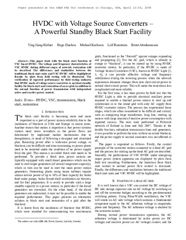 (PDF) HVDC with voltage source converters - a powerful standby black start facility