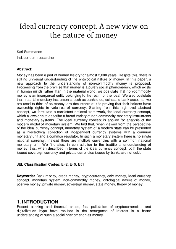 (PDF) Ideal Currency Concept. A New View on the Nature of Money