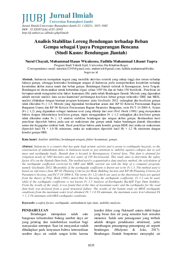 (PDF) Analisis Stabilitas Lereng Bendungan Terhadap Beban Gempa sebagai Upaya Pengurangan ...